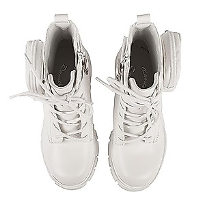 Kassie Daniela ~ Pouch ~ Kids Lug Sole Mid Shaft Chunky Heel Fashion Combat Lace up Bootie W/Side Zipper & Pouch Girl Boots (WHITE, 1)