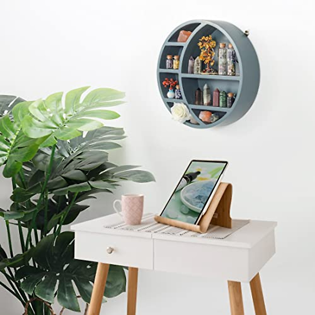 SSISSI Moon Shelf for Crystals with Stand - Crystal Display Phase Boho Wall Decor Small Nursery Holder Circle Home Office Room Decor, Blue Grey