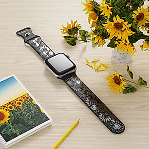 Sunflower Engraved Band Compatible with Apple Watch Bands 38mm 40mm 41mm 42mm 44mm 45mm 49mm Women, Designer Soft Glossy Floral Silicone Strap for iWatch Series Ultra 9 8 7 6 SE 5 4 3 2, Black-38