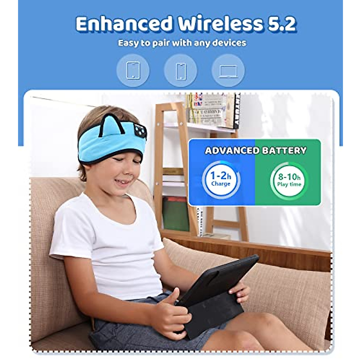 KIDSBAND Kids Headphones Bluetooth Headband Adjustable, Wireless Sleep Headphones for Kids with Wired Playback 3.5 MM Jack for Teens/Boys/Girls/Smartphones/School/Kindle/Airplane Travel/Plane/Tablet