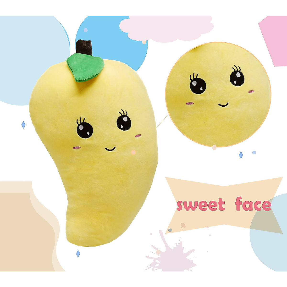 BABOLI Cuddly Mango Plush Toy Pillow Adorable Soft Fruit Stuffed Animal with Smile Face and Cute Expression Pretty Sweet Gifts for Kids Boys and Girls Present for Birthday or Party 17.7 Inches