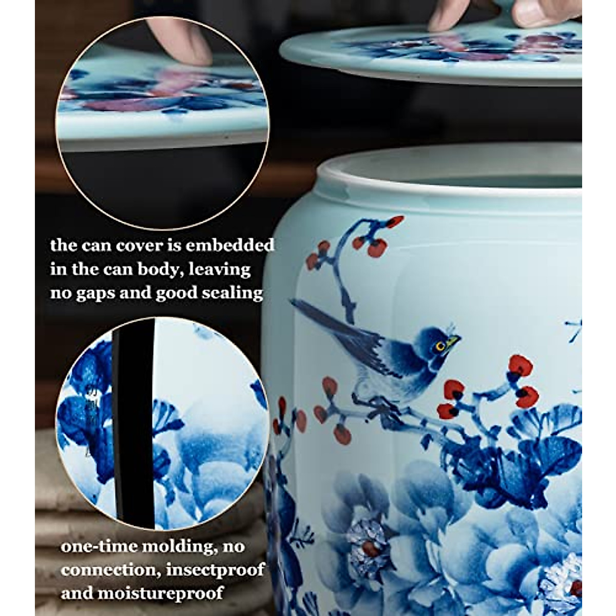 TUU Chinese Rice Dispenser 33/55Lbs Ceramic Large Capacity Sealed Cereal Storage Container with Lid Grain Dispenser Suitable for Kitchen Soybean, Corn, Flour, Sugar, Rice, Nuts, Snacks, Pet Food