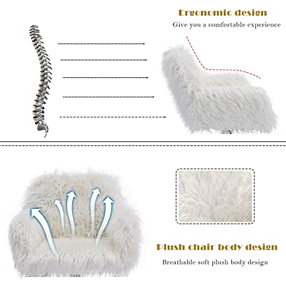 KCC Fluffy Office Desk Chair, Faux Fur Modern Swivel Armchair with Wheels, Soft Comfy Fuzzy Elegant Accent Makeup Vanity Chairs for Women Girls, Home Living Dressing Room Bedroom, White