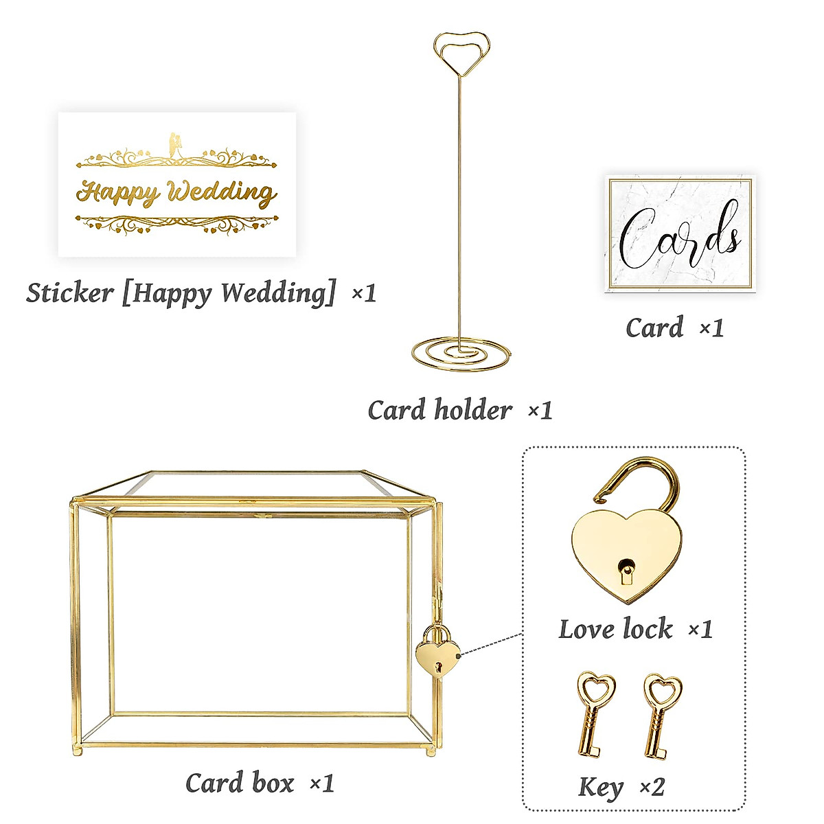 REDHUGO 10.2x5.9x7.9 in Medium Glass Card Box Handmade with Slot and Lock, Wedding Card Boxes for Reception, Graduation, Gift Cards, Party, Brass Geometric Terrarium, Golden Decorative Box