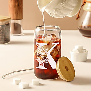 Monogrammed Gifts for Women, Personalized Gifts for Her Mom, Glass Cup with Bamboo Lids and Straws 16 oz, Iced Coffee Cup, Tea Cup, Cute Aesthetics custom Tumbler Cup, Mothers Day, Birthday Gifts - K