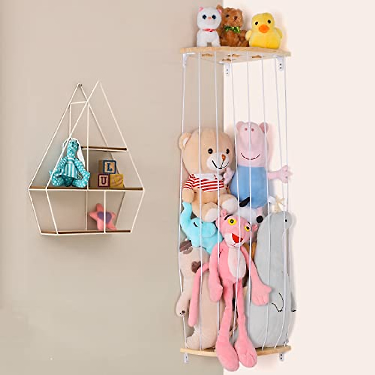 Jtksfcl Stuffed Animal Storage Wood Corner Plush Toys Holder with Star Pattern, Length Adjustable Hanging Stuffed Animal Toy Organizer Shelf for Nursery Play Room Bedroom Kid Room