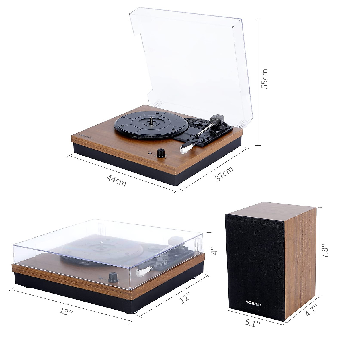 Vosterio Bluetooth Record Player, 3-Speed Belt-Driven Turntable with Bluetooth Input& Output, Aux-in, Two 15W External Speakers, Retro Vinyl Player, Walnut