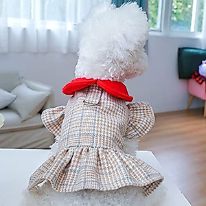 Loyalfurry Winter Dog Shirt Dress with Cute Red Doll Collar, Elegant Warm Dog Sweater Dresses with D Ring, Plaid Puppy Pet Clothes for Small Breeds (Medium, Light Brown)