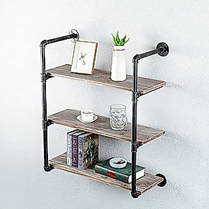 OLDRAINBOW Industrial Pipe Shelving Wall Mounted,Rustic Metal Floating Shelves,Real Wood Book Shelves,Wall Shelf Bookshelf Hanging Wall Shelves Bar Shelving (3-Layer, 30in)