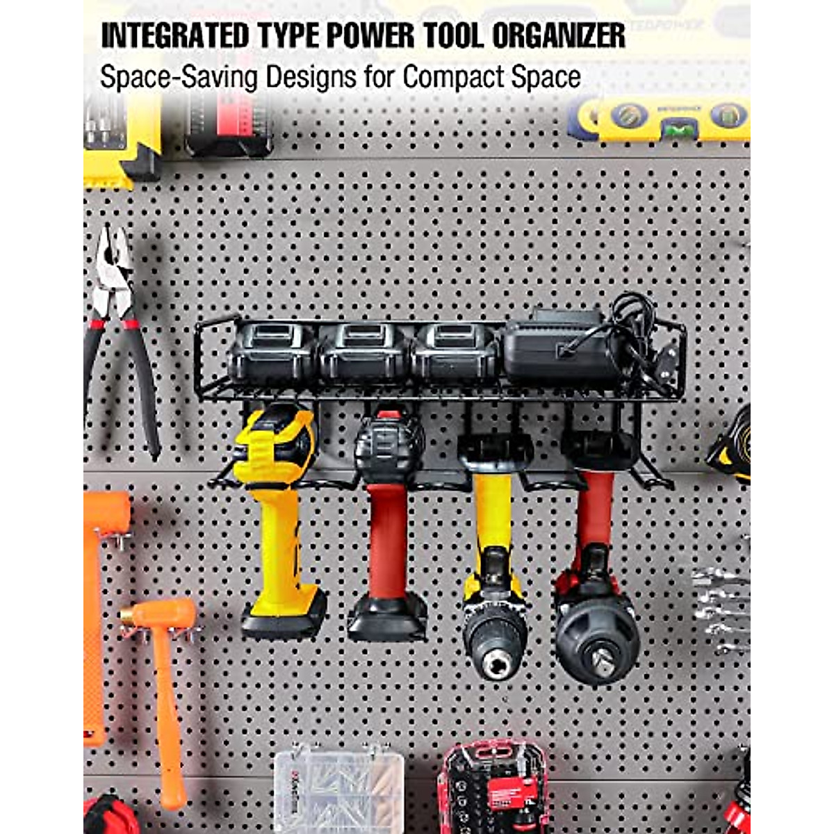 JoyPlus Heavy Duty Power Tool Drill Rack | Handheld & Power Tool Storage Organizer Wall Mounted Storage Rack Electric Drill Holder | Compact Steel Design (Drill Rack & Tool Shelf 2-in-1)