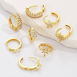 Small Gold Huggie Hoop Earrings Set for Women, Hypoallergenic Twisted Cartilage Hoops Lightweight, Tiny Diamond Hoop Earrings Jewelry for Multiple Piercing (4pairs,star)