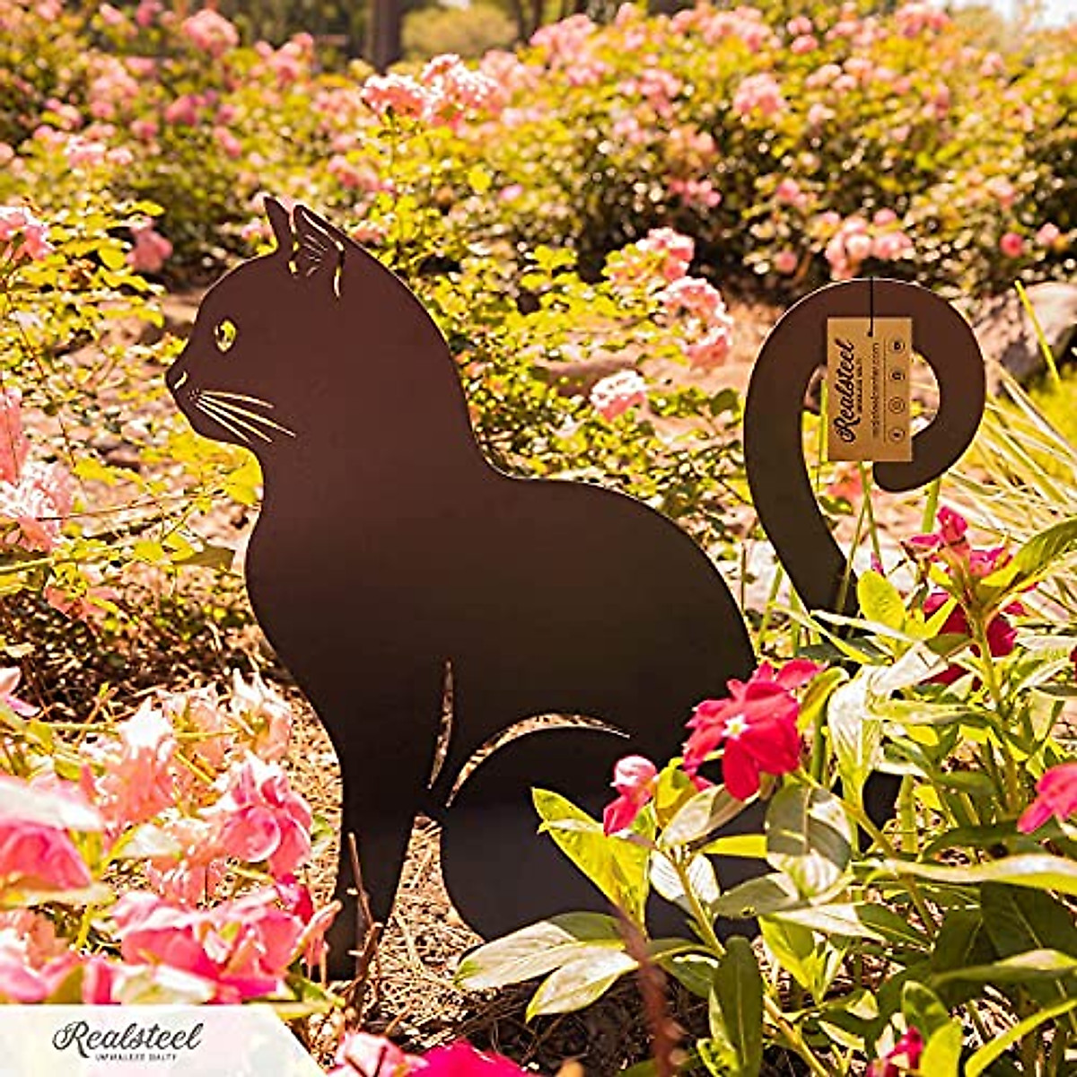RealSteel Garden Cat Art 3 Pack - Outdoor Yard Decor - American-Made Metal & Weather-Resistant Powder Coating - Mother Cat & 2 Kittens (Black)