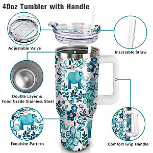 Puhnhsv 40 oz Insulated Stainless Elephant Tumbler With Handle and Straw, 40oz Coffee Travel Mugs Cup Water Bottle Elephant Lovers Gifts for Women Girls