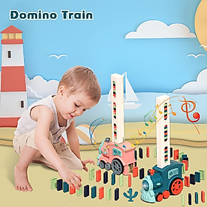 Noaideoi Domino Train Toy Set for Kids, 100 Pcs Automatic Dominoes Blocks Building and Stacking Toys Creative Kids Games Early Education Christmas Birthday Gift Boys Girls Age 3-12(Cyan)