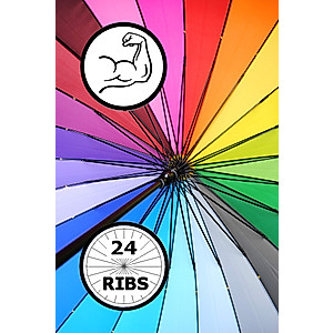 60MPH Windproof 24 Rib Large Strong Rainbow Umbrella - XL Automatic Heavy Duty Golf Umbrella For Rain and Wind - 3 Layer Frame - Wooden Hook Handle - Best for Most Ribs