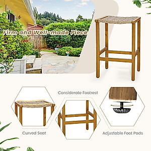 Tangkula Outdoor Bar Stools Set of 4, 30 Inches high Acacia Wood Heavy Duty Bar Height Stools with PE Rattan Saddle Seat, for Patio, Garden, Poolside and Balcony, Teak