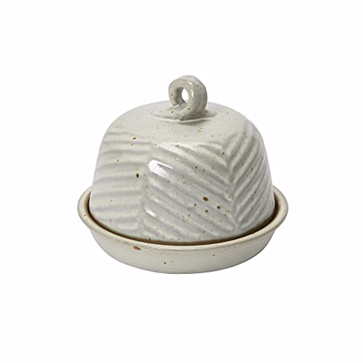 Creative Co-Op Embossed Stoneware Domed Dish with Handle, White Reactive Glaze Food Storage, 6" L x 6" W x 5" H, Multicolor
