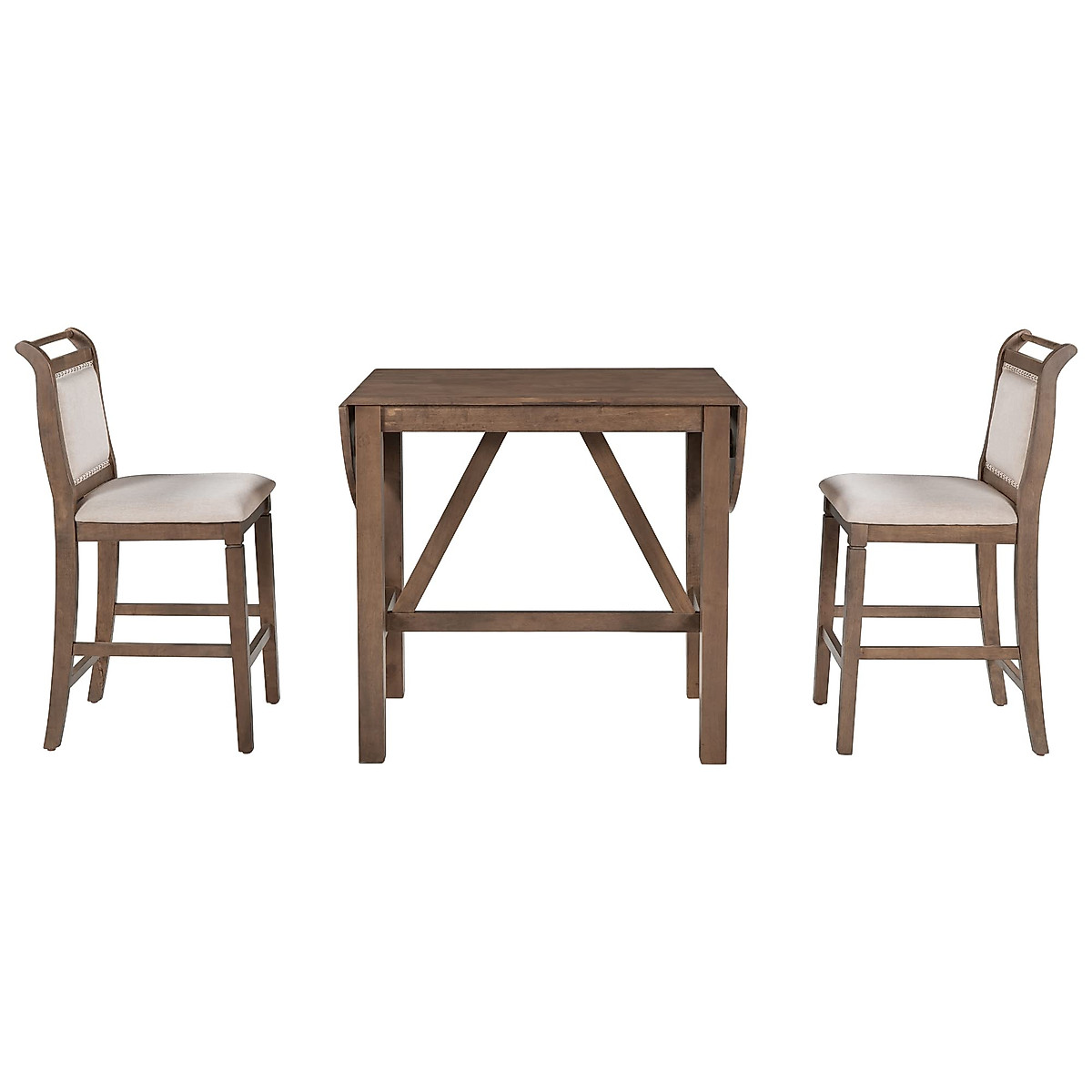 Hlcodca 3 Piece Wood Counter Height Dining Table Set, Farmhouse Drop Leaf Kitchen Table Set with 2 Upholstered Dining Chairs, Back with Handle for Small Place (Brown/Half-Round)