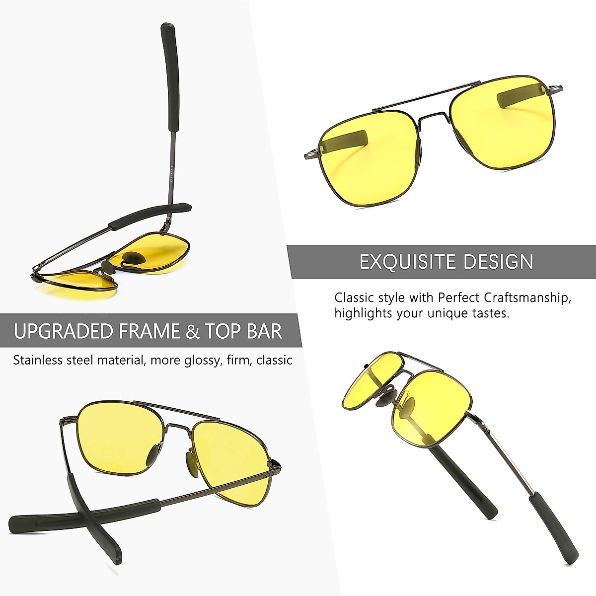 SUNGAIT Men’s Night Vision Driving Glasses Military Style Pilot Aviator eyewear (Night Lens/Gunmetal Frame) A285QKYS