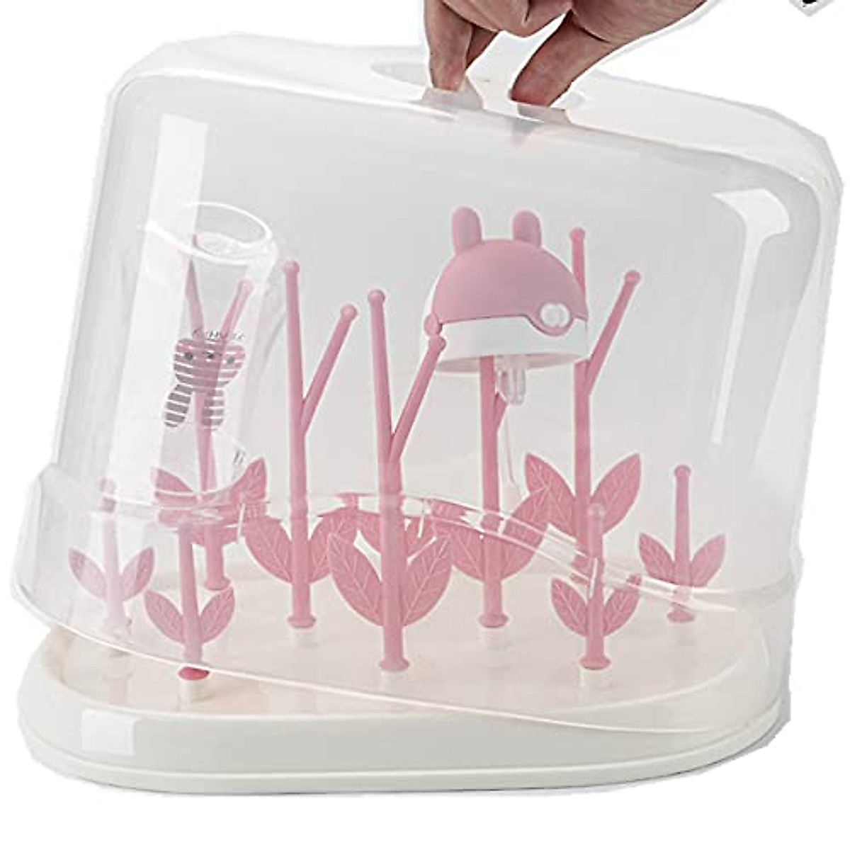 Gorgerous Baby Bottle Drying Rack with Tray Detachable Draining Rack Water Cup Rack Storage High Capacity Bottle Dryer Holder for Bottles,Teats,Cups,Pump Parts and Accessories (Pink with Cover)