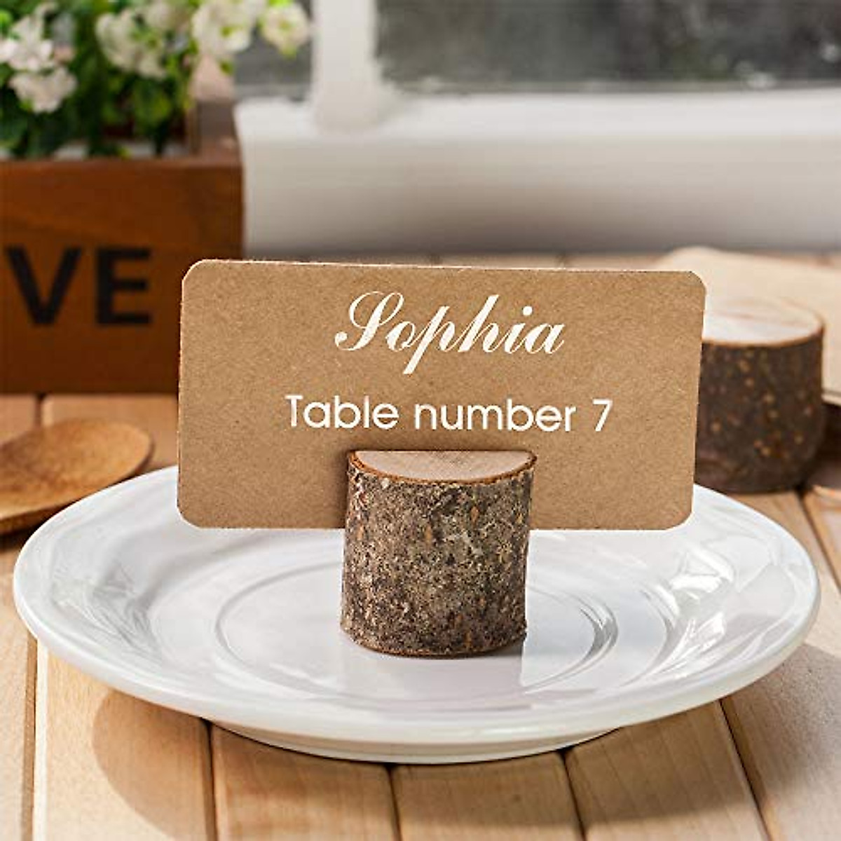 Toncoo 18Pcs Premium Wood Place Card Holders and 30Pcs Kraft Table Place Cards, Rustic Table Number Holders, Wood Photo Holders, Ideal for Wedding Party Table Name and More