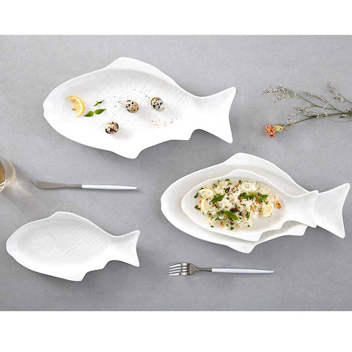 DOITOOL 1Pc Fish Shaped Plate Fish Platter Ceramic Unique Decorative Serving Snack Storage Platter for Party Wedding Restaurants Home (11 Inches, White)