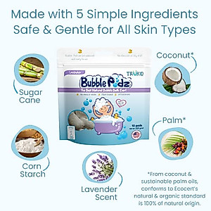 TruKid Bubble Podz Bubble Bath for Baby & Kids, Gentle Refreshing Bath Bomb for Sensitive Skin, pH Balance 7 for Eye Sensitivity, Natural Moisturizers and Ingredients, Lavender (10 Podz)
