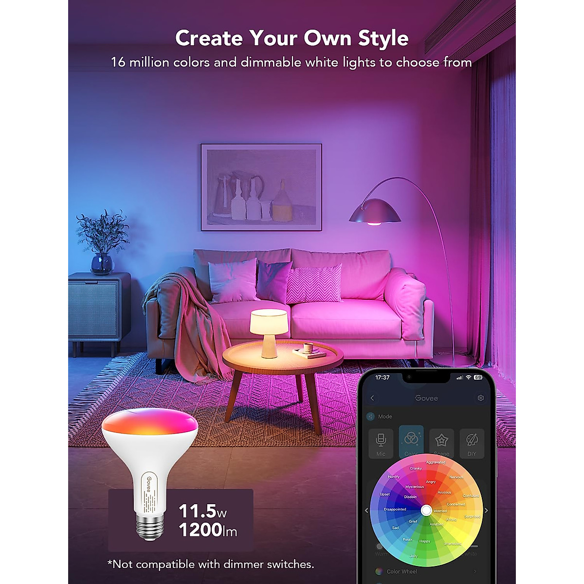Govee Smart Light Bulbs, 1200 Lumens Dimmable BR30 Bulbs, RGBWW Color Changing Light Bulbs, WiFi LED Bulbs, 16 Million Colors, Work with Alexa, 2 Pack