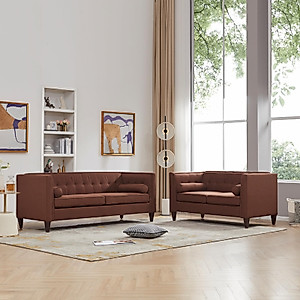 Dreamsir 58Inches Loveseat Sofa, 2 Seater Fabric Sofa Couch with Two Throw Pillows, Solid Wood, Mid Century Modern Couch for Living Room, Small Space, Apartment（Brown） 7097 Linen