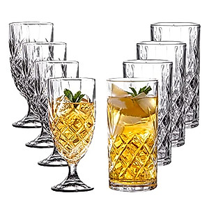 Royalty Art Kinsley Tall Highball Glasses and Long-Stem Tumbler sets of 8,Textured Designer Glassware for Drinking Water, Beer, or Soda, Trendy and Elegant Dishware, Dishwasher Safe
