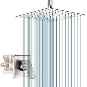POP SANITARYWARE Ceiling Mount Shower Faucet Set Brushed Nickel Bathroom 10 Inch Rainfall Mixer Shower Head System Single Handle Shower Trim Kit with Rough-in Valve