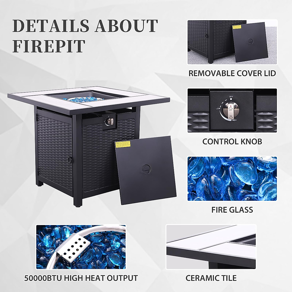 Valita Patio Rattan Furniture Set 4-Piece Outdoor PE Wicker Conversation Couch, Brown Sectional Sofa Couch with 50,000BTU Adjustable Fire Pit Table Non-Slip and Washable Gray Cushions