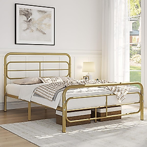 Yaheetech Queen Bed Frame Metal Platform Bed with Geometric Patterned Headboard, Mattress Foundation with Under Bed Storage/Sturdy Slat Support, No Box Spring Needed, Antique Gold