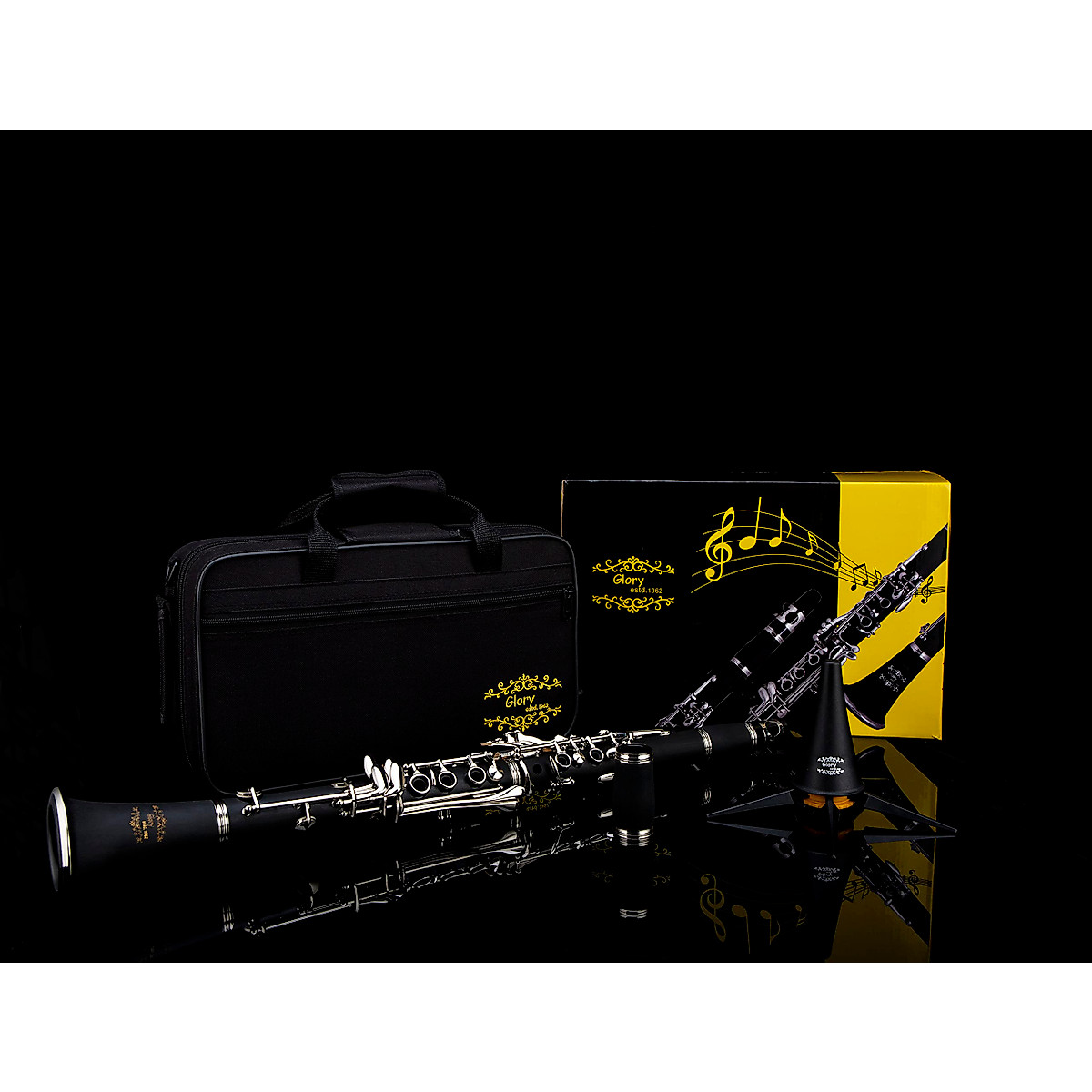 Glory GLY-PBK Professional Ebonite Bb Clarinet with 10 Reeds, Stand, Hard Case, Cleaning Cloth, Cork Grease, Mouthpiece Brush and Pad Brush, Black