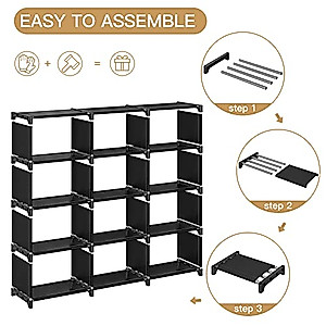 REIBII Bookshelf for Bedroom Book Shelf Organizer Bookcase Tall Book Case 12 Cube Storage Organizer Cube Shelf Black Cubby Storage Organizer Shelves for Bedroom Living Room Closet Office DIY