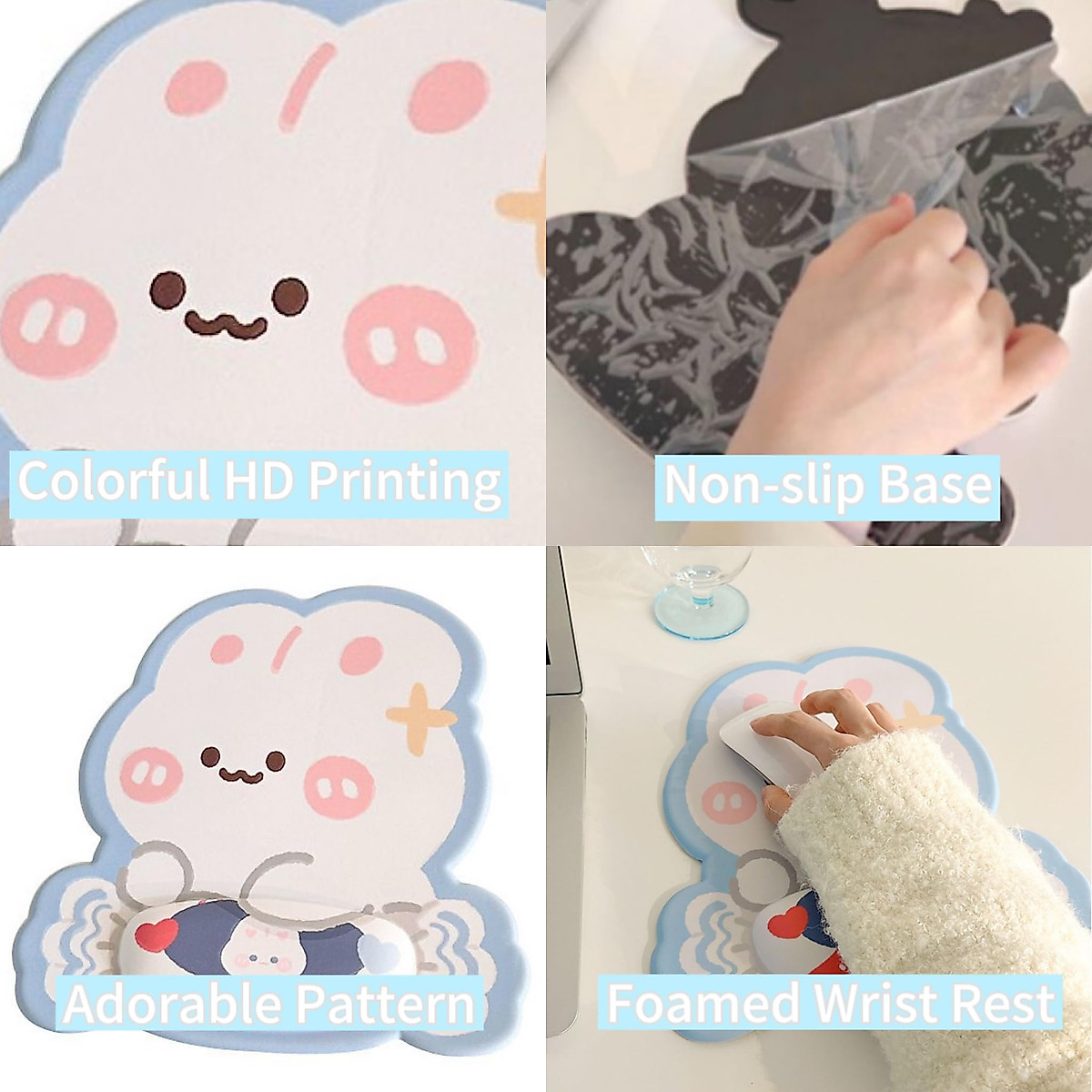 Cute Laptop Mouse Pad with Gel Wrist Support Anti-Slip Kawaii Desk Accessories Ergonomic Gaming Mouse Pad with Wrist Rest and Adorable Rabbit Pattern