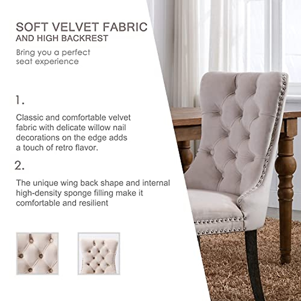 Qtivii Velvet Dining Chairs Set of 6, Tufted Dining Room Chairs with Button Back, Nailhead Trim, Upholstered Dining Chairs for Kitchen, Bedroom, Restaurant (Beige)