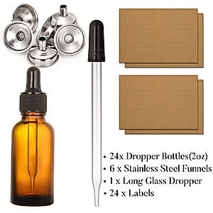 24 Pcs, 2 oz Dark Amber Dropper Bottles with 6 Small Funnels & 1 Long Glass Labels - 60ml Tincture Bottles w/ Eye Dropper for Essential Oils, Perfume, Hair Oil, Liquids - Leak Proof Travel Bottles
