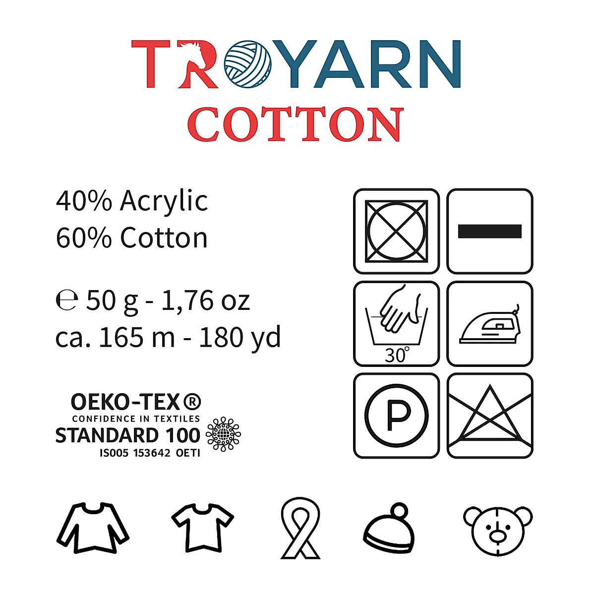 Troyarn Cotton 60% Cotton 40% Acrylic Yarn, Soft, Fine/Sport (2) for Crochet and Knitting 1.76 Oz (50g) / 180 Yds (165m) (10323 - Light Blue)