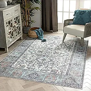 Well Woven Macon Ivory Machine Washable Vintage Style Updated Classic Distsressed Persian Area Rug (5'3" x 7'3")