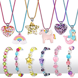 G.C 12 Pcs Necklaces Bracelets Set with Cute Mermaid Unicorn Heart Star Rainbow Charms Kids Gift Toy Party Favors Pretend Play Dress up Colorful Friendship Costume Jewelry for Little Girls Toddler