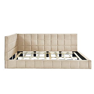 QVUUOU Grounded Bed Upholstered Daybed Sofa Bed with Lattice Styling Design, Full Size Wooden Daybed Frame for Kids Adults Bedroom Furniture, Velvet Fabric Upholstered Bed Floor Bed (Beige)