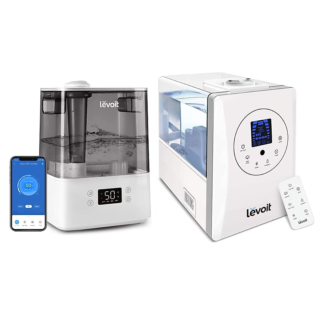 LEVOIT Humidifiers for Bedroom Large Room Home, Gray & Humidifiers for Bedroom Large Room 6L Warm and Cool Mist for Families Plants with Built-in Humidity Sensor, Essential Oil, White
