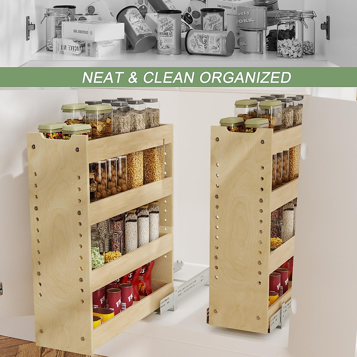 LOVMOR Adjustable Pull Out Cabinet Organizer 7½” W x 24½”H 4-Tier Narrow Cabinet Drawers Slide Out with Soft Close Wood Spice Rack for Narrow Cabinet