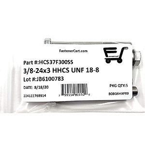 3/8-24x3 Stainless Steel Hex Cap Screws Hex Bolts 18-8 (UNF) FINE Thread - (5 pcs)