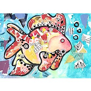Fancy Goldfish Collage Wall Art Decor recycled upcycled magazines artwork fish wall decor outsider surreal paintings unique mixed media acrylics watercolors pointillism layers texture Mod Podge 215