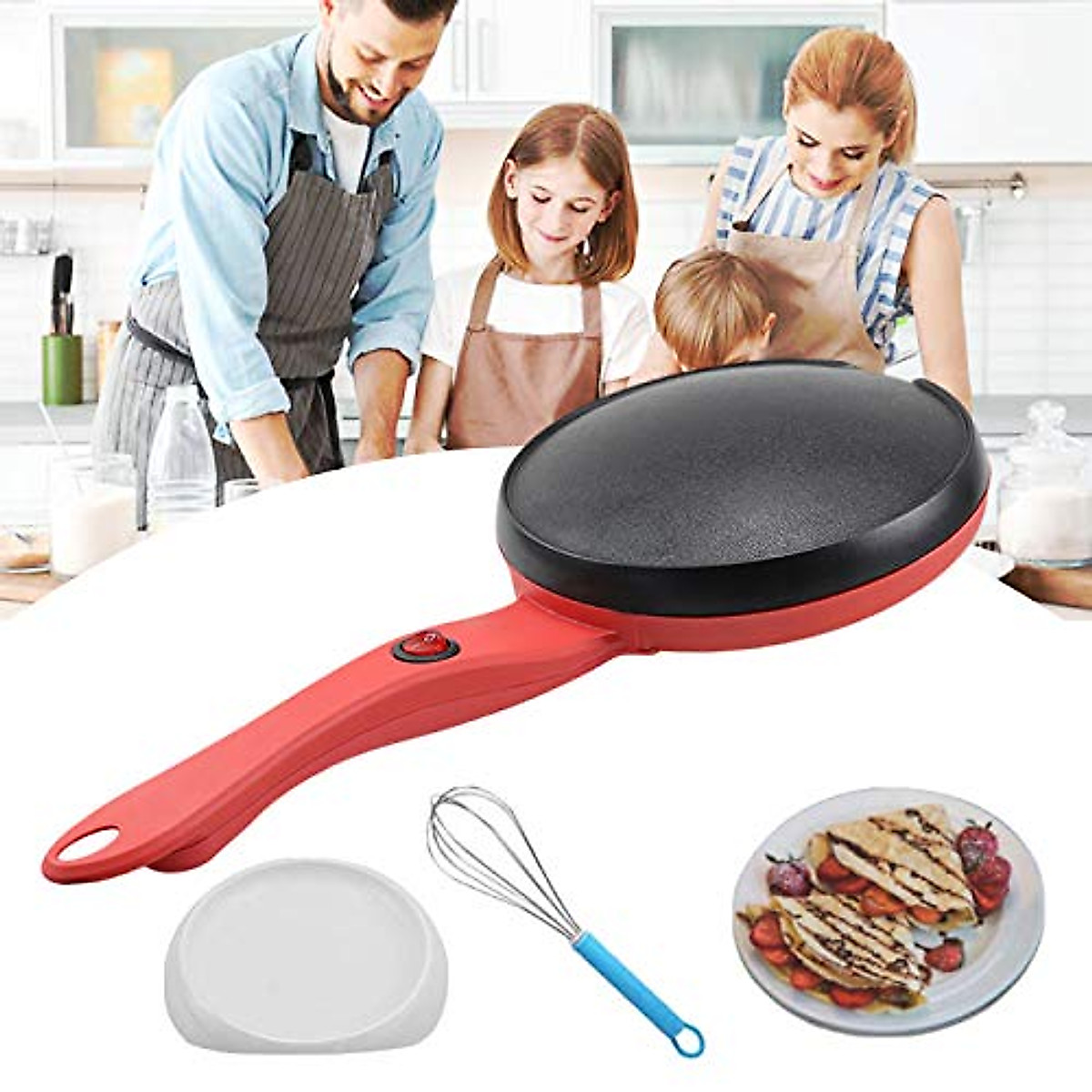 Portable Electric Crepe Maker 110V 8” Household Pancake Machine with Auto Temperature Control Non-stick Crepe Pan for Pancake, Blintz, Chapati,Including Egg Beater & Batter Pot Red&Black 1Pack