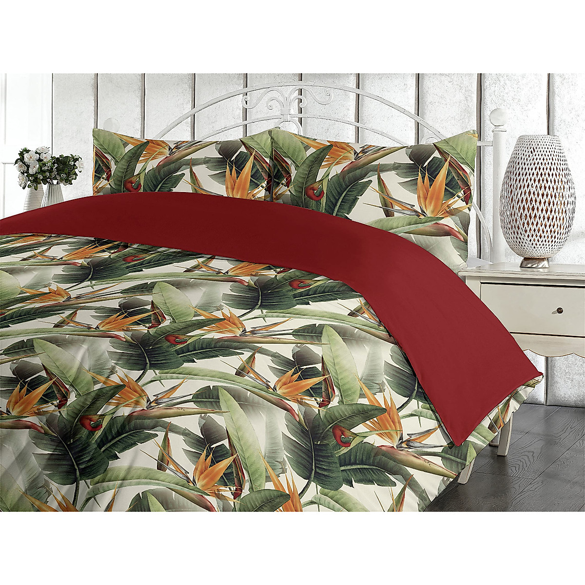 Ambesonne Exotic Duvet Cover Set, Bird of Paradise Flowers Tropical Design Pattern Vintage Hawaiian Style, Reversible 3 Piece Bedding Set with 2 Pillow Shams, Queen, Marigold Green