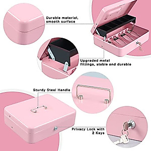 xydled Cash Box with Money Tray and Key Lock,Tiered, Cantilever Design,4 Bill / 5 Coin Slots,11.8" x 9.5" x 3.5",Pink