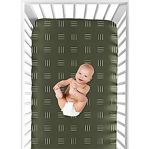 Sweet Jojo Designs Hunter Green Boho Mudcloth Boy or Girl Fitted Crib Sheet Baby or Toddler Bed Nursery - White Bohemian Woodland Tribal Southwest Mud Cloth Hatch Gender Neutral Triple Line